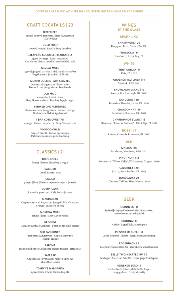 menu - TBarNYC