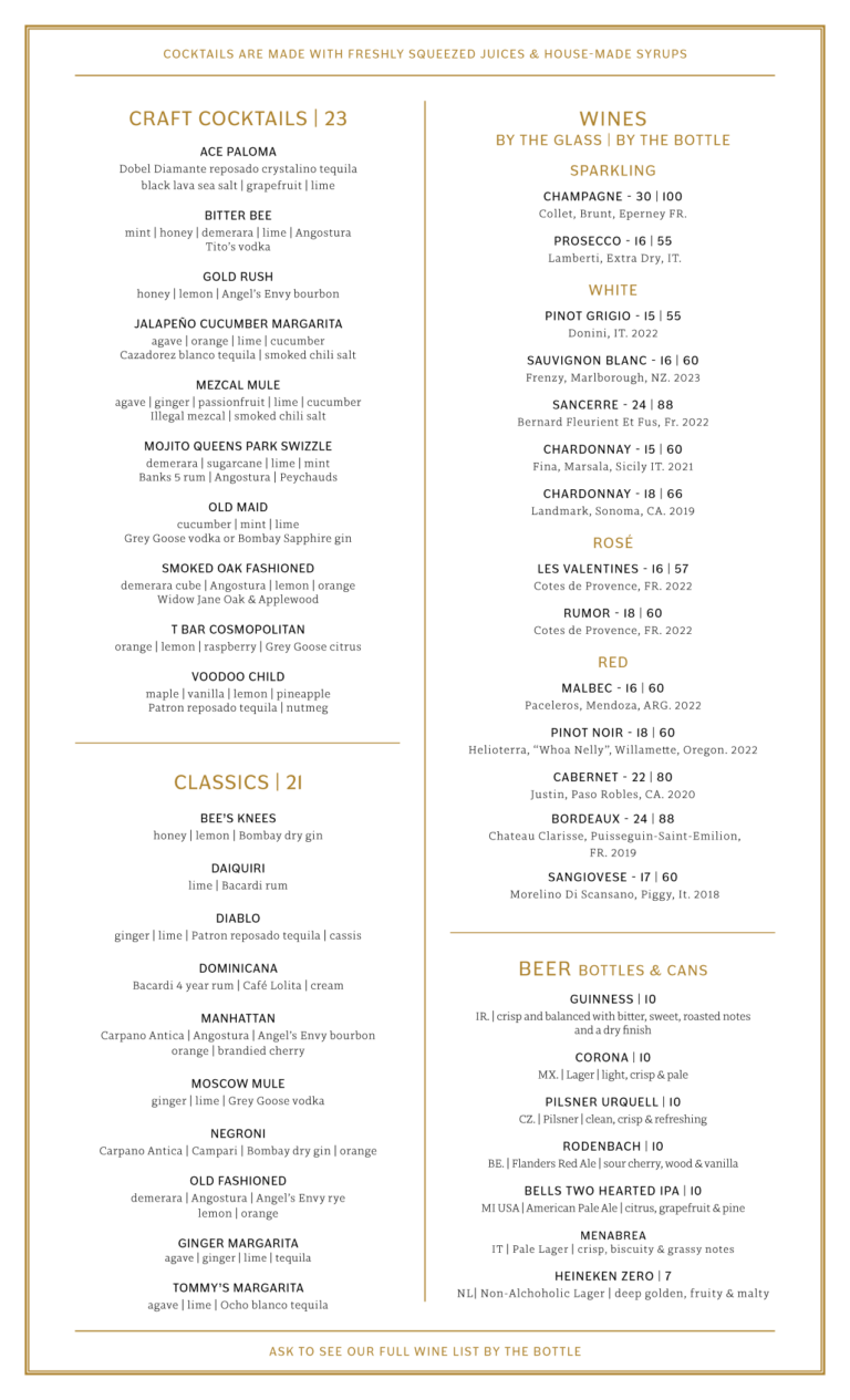 menu - TBarNYC